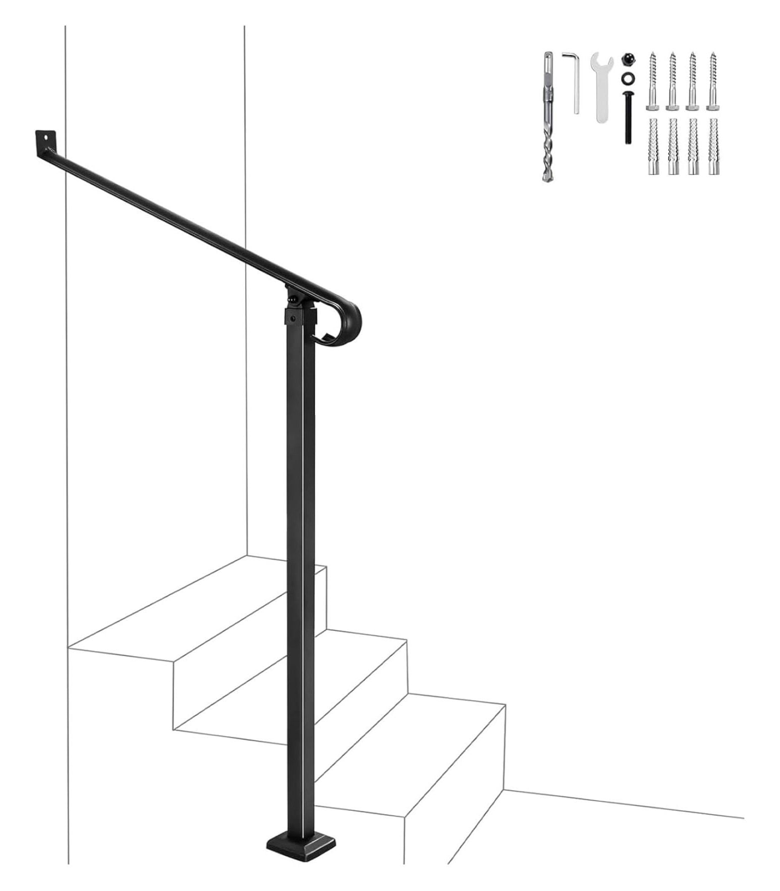 Single Post Handrail, Black Wrought Iron Hand Railing - Outdoor Stair ...