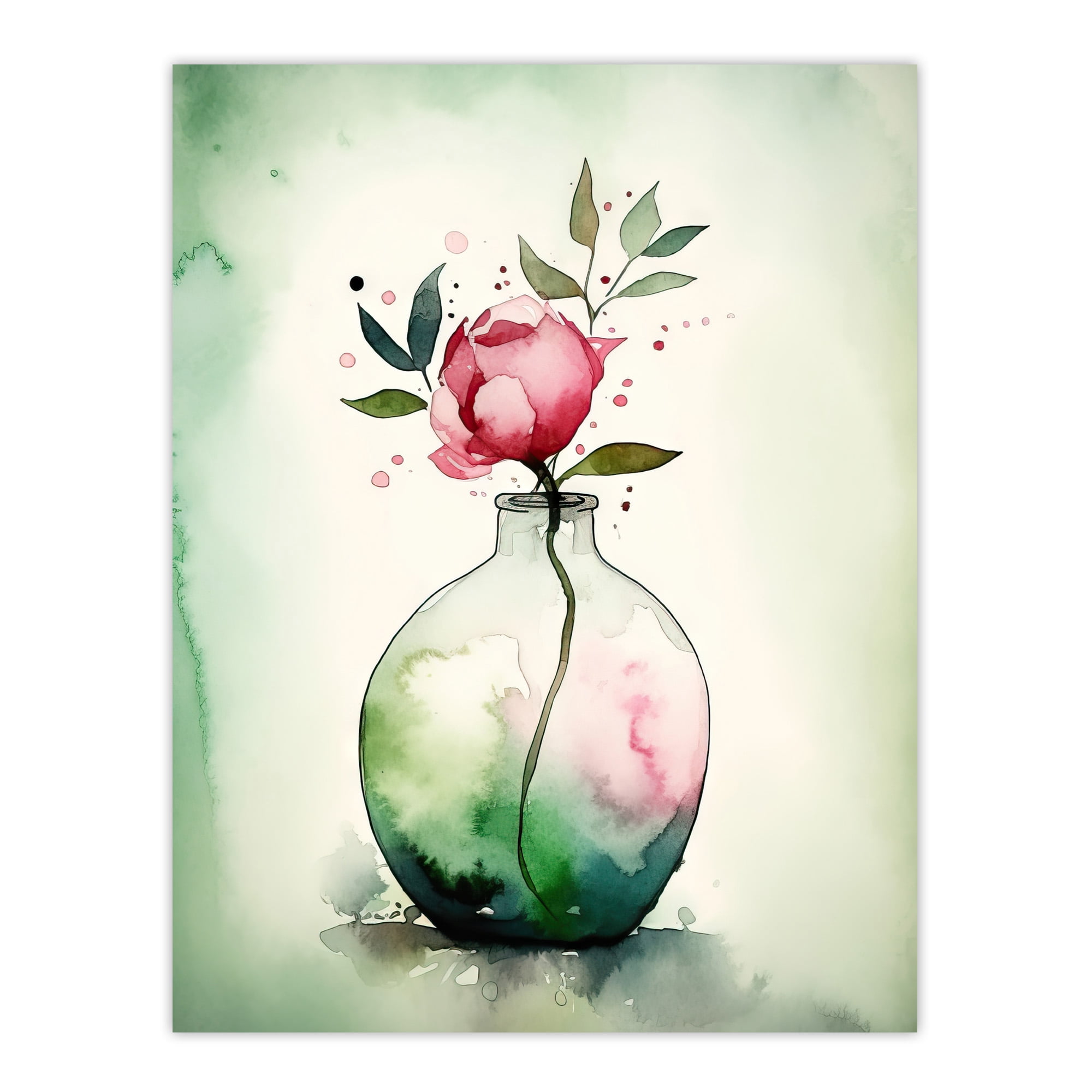 A Single Rose In A Glass Vase Watercolour Painting Green Pink ...