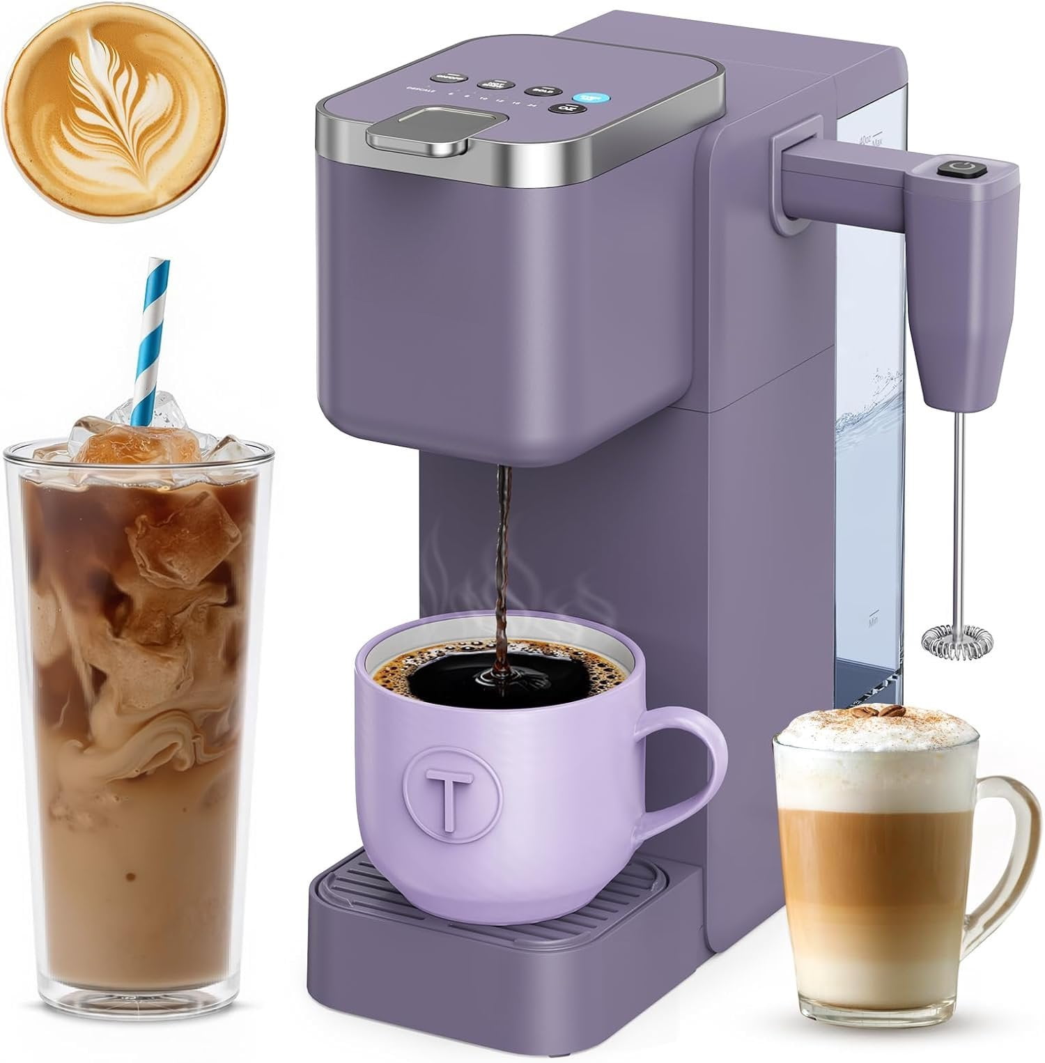 Single Serve Coffee Maker with Built-in Detachable Milk Frother, Iced ...