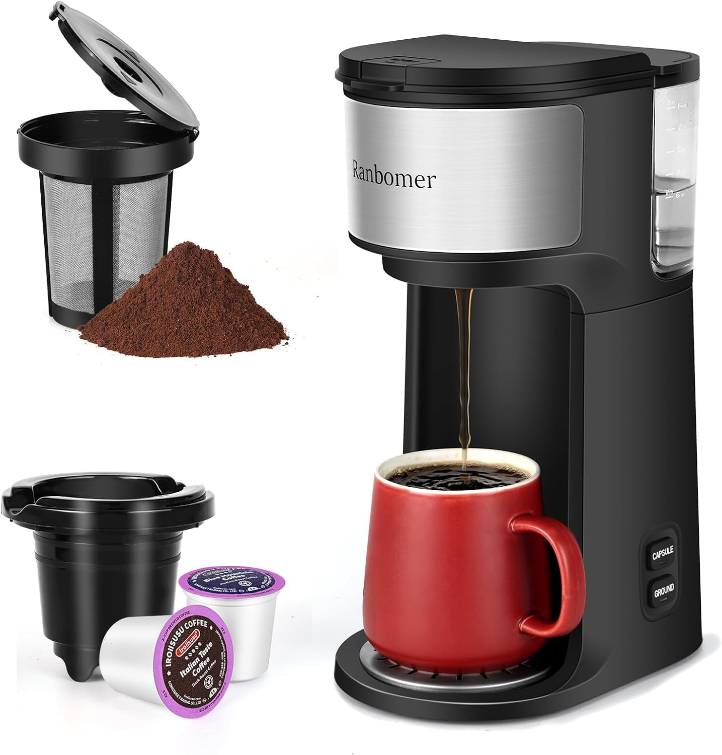 Single Serve Coffee Maker, K Cup and Ground Coffee Machine 2 in 1 6-14 ...