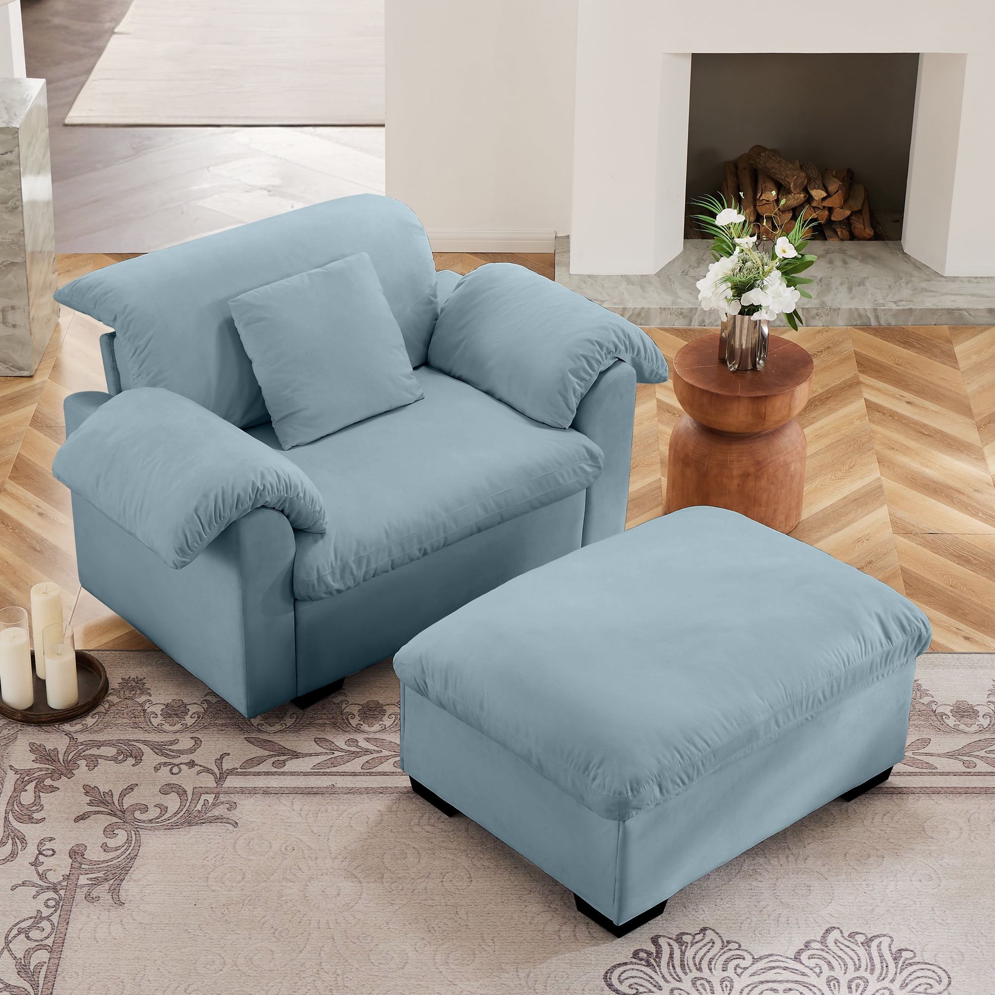 Single Sofa Chair, Comfy Deep Upholstered Couch with Pillow and Ottoman ...