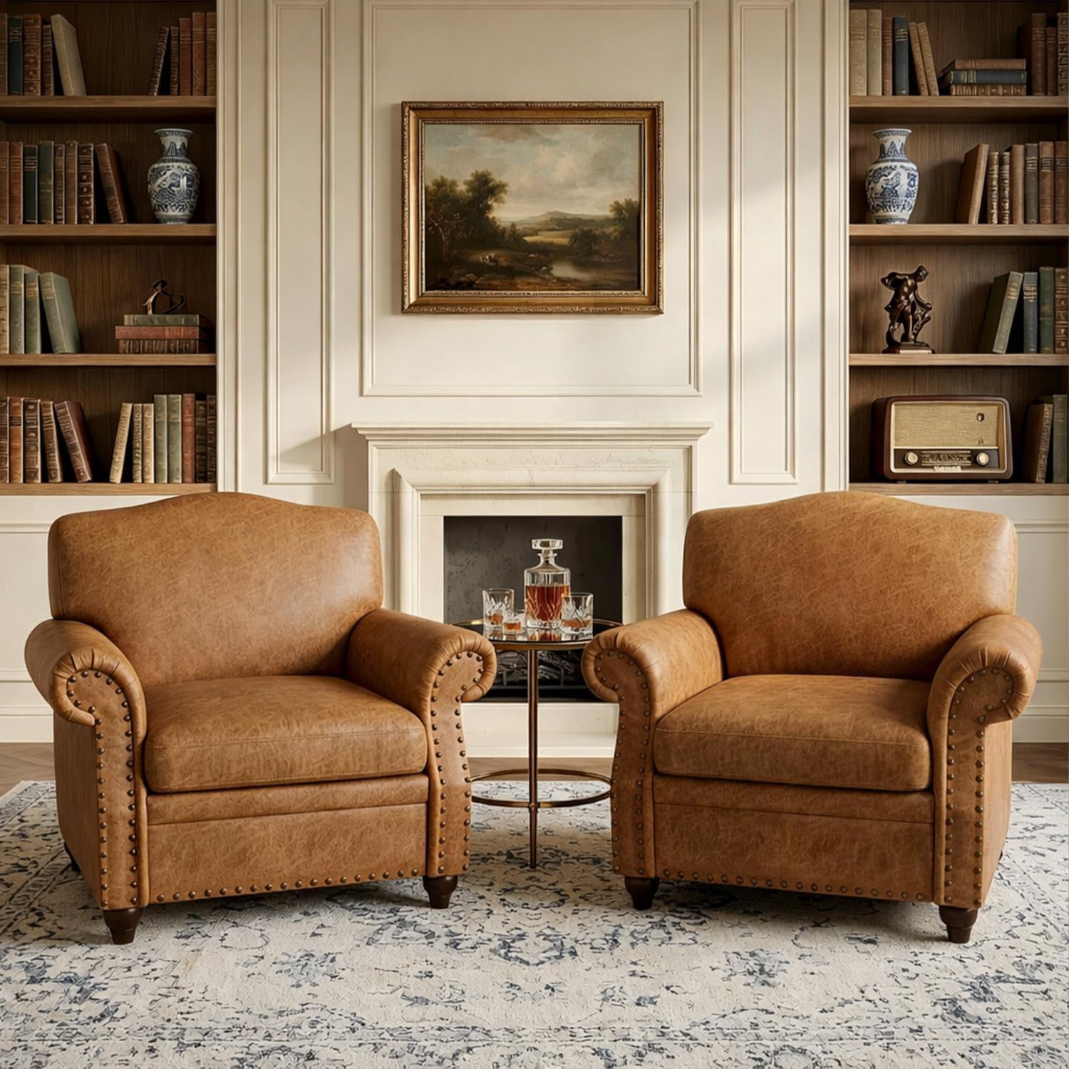 Single Sofa Chair Set of 2, Faux Leather Nailhead Armchair, Rolled Arm ...