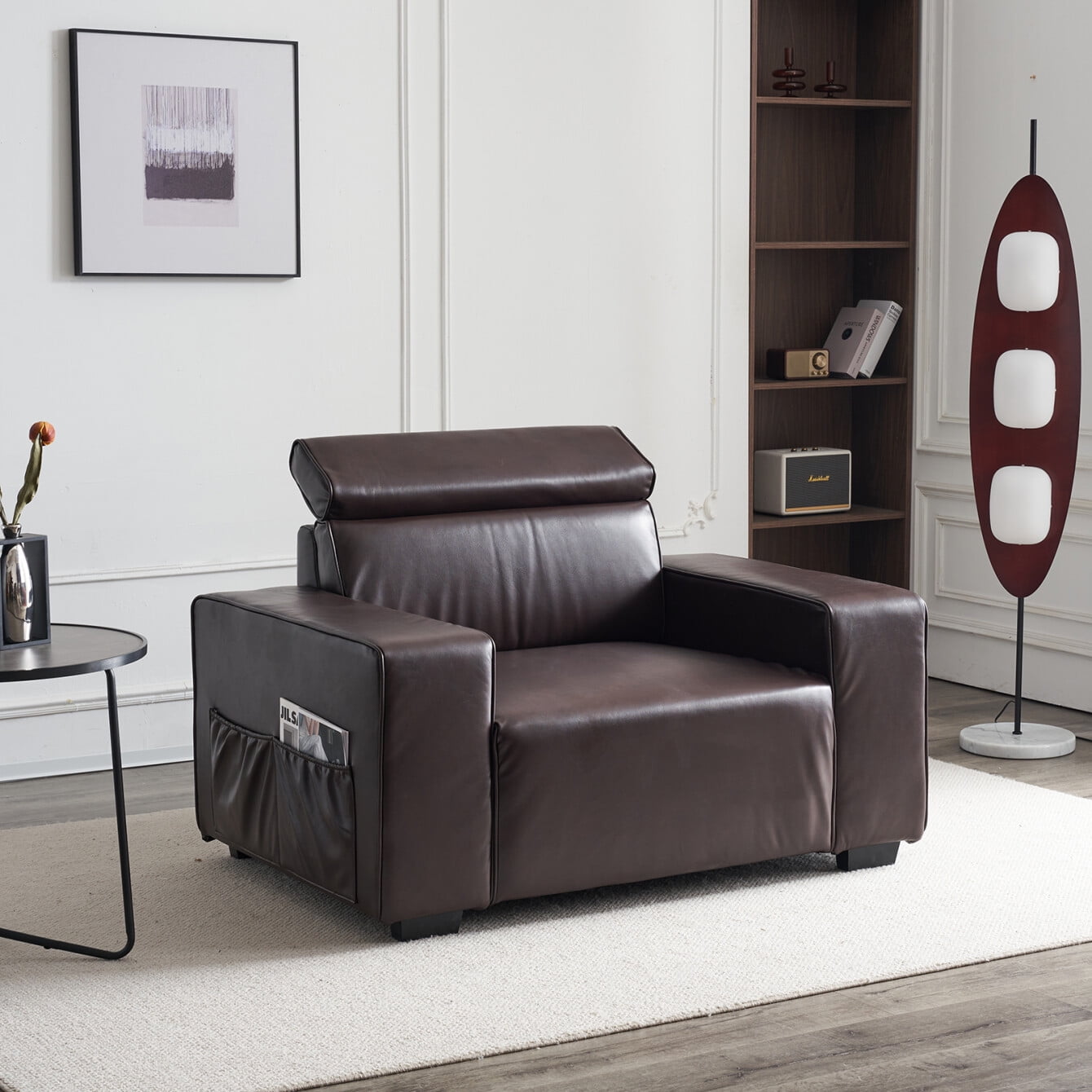 Single Sofa, Modern Retro PU Leather Sofa Adjustable Head Cushion ...