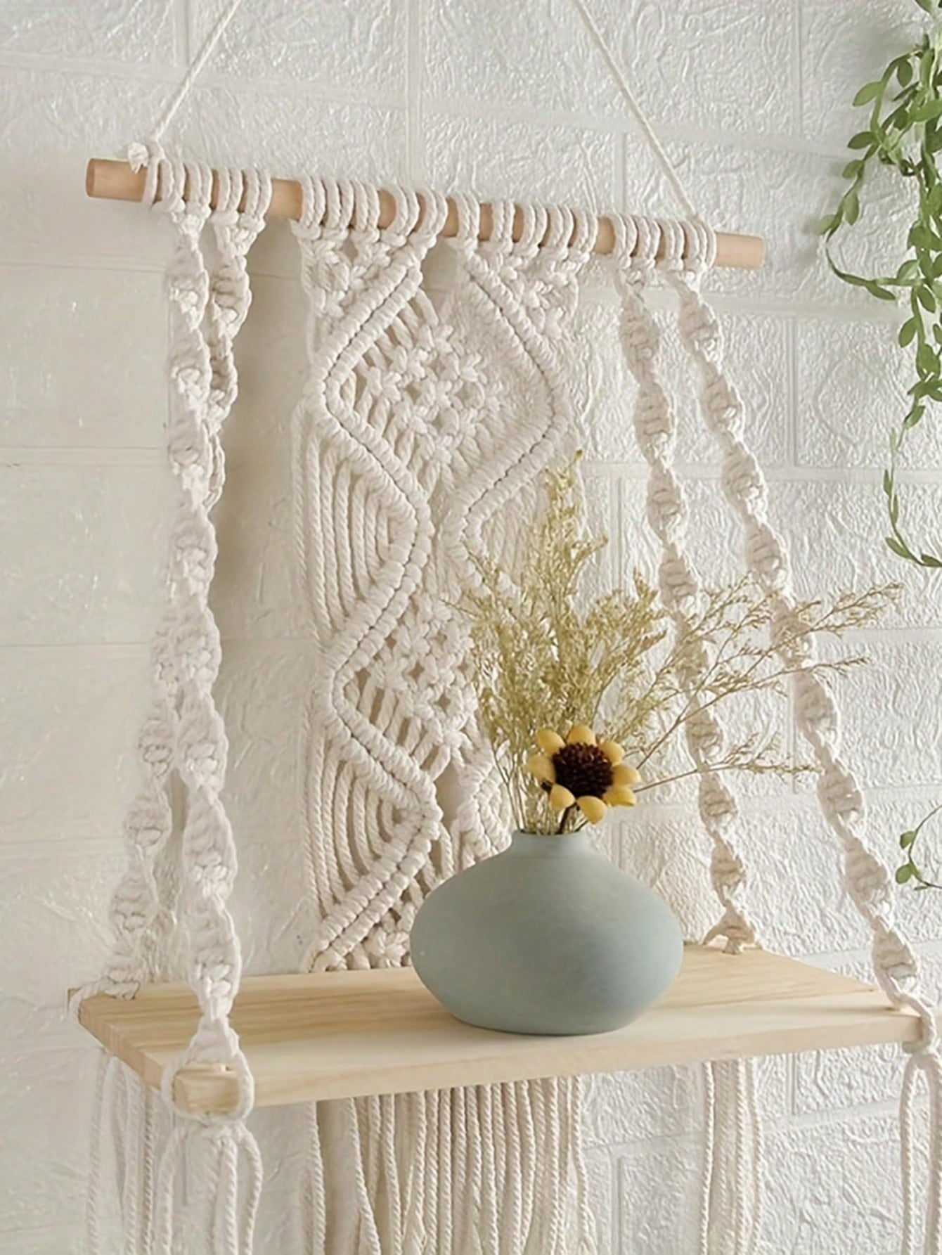 Single Tier Boho Wall Hanging Shelf, Handmade Bohemian Wooden Woven ...