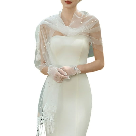 Single Tier White Wedding Shawl with Beadwork Pearls and Tassels Bride ...