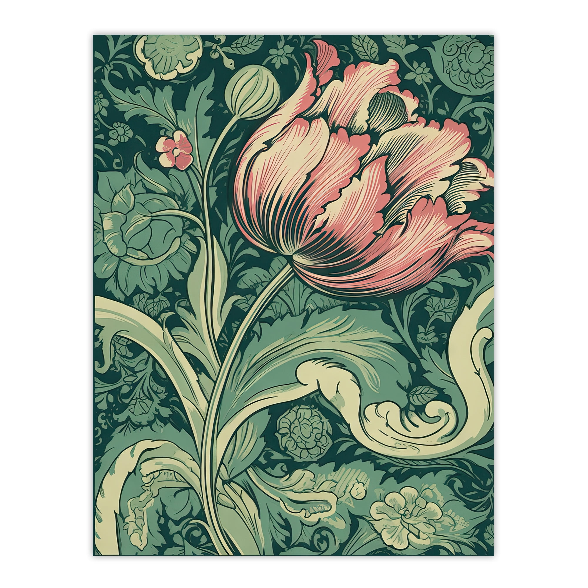 Single Tulip Flower Art Nouveau Painting Pastel Colour Teal Blue Pink ...