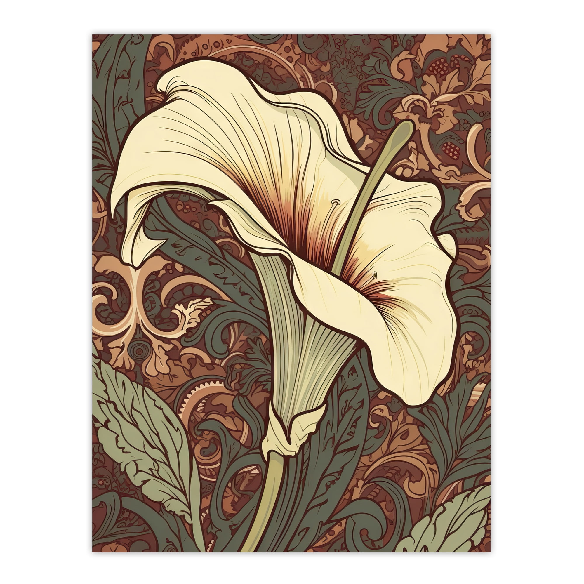 Single White Cala Lily Flower Art Nouveau Painting Pastel Colour Teal ...