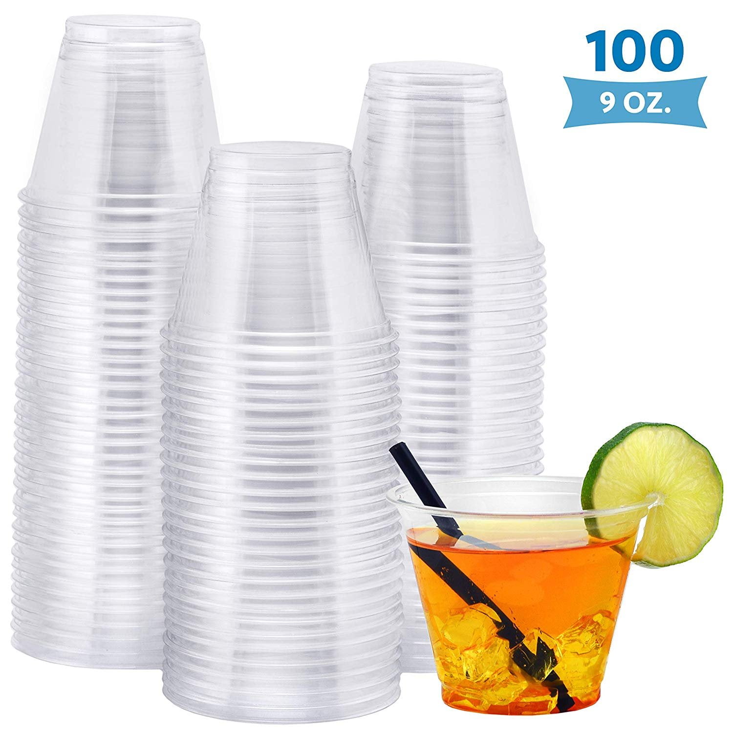 NYHI 100 Pack 9 oz Clear Plastic Cups Disposable Cocktail Bulk Wine ...
