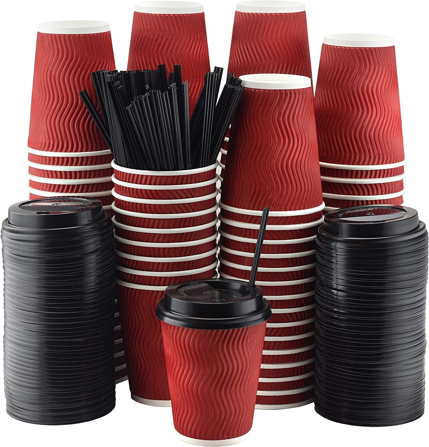 Singleware Ripple Insulated Kraft Disposable Coffee Cups with Lids, Red ...
