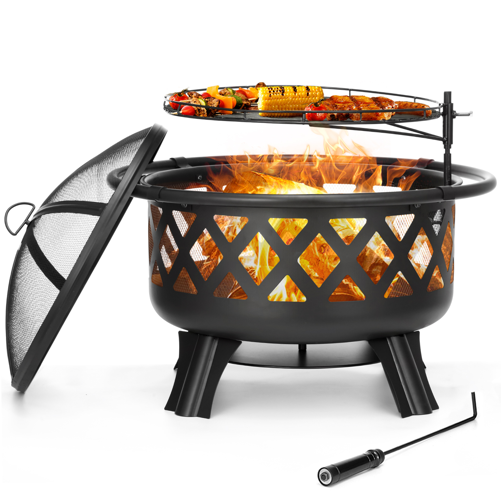 MoNiBloom 38" 2 in 1 Fire Pit with Cooking Grate, Outdoor Wood Burning Firepit with Spark Screen ...