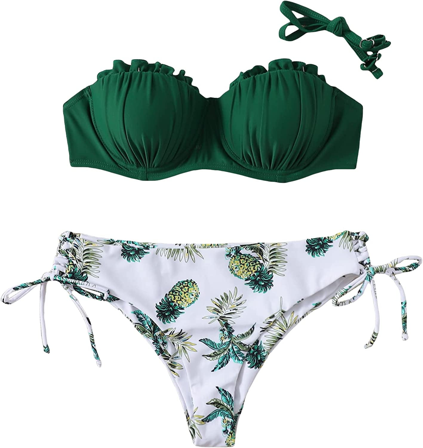 Singreal Womens 2 Piece Pineapple Print Frilled Push Up Tie Side