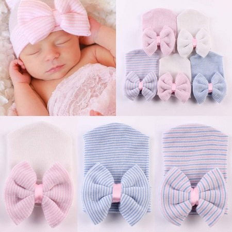 Sinhoon Baby Girls Infant Striped Soft Hat with Bow Cap Hospital ...
