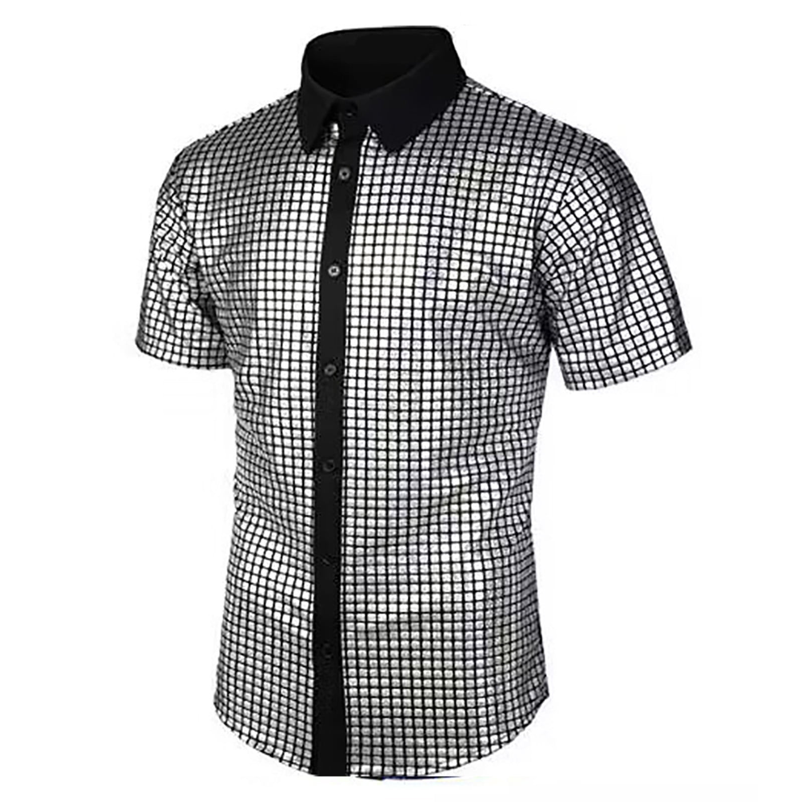 JOFOW Men's Sequin Dress Shirt 70s Disco Costume Sparkle Party Short Sleeve Button Down Shirts ...