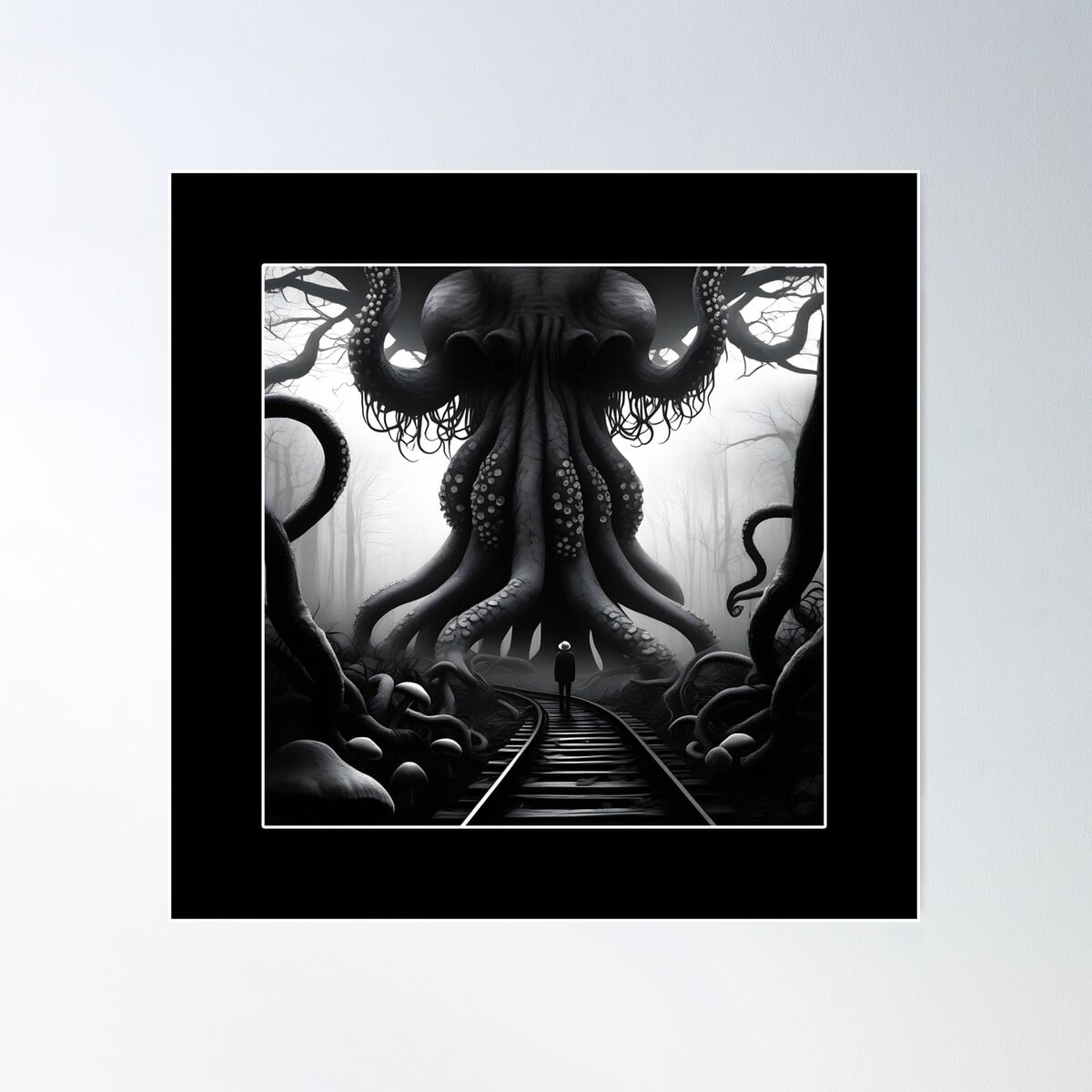 Sinister Journey Black And White Train Tracks Octopus Tree Poster Wall ...