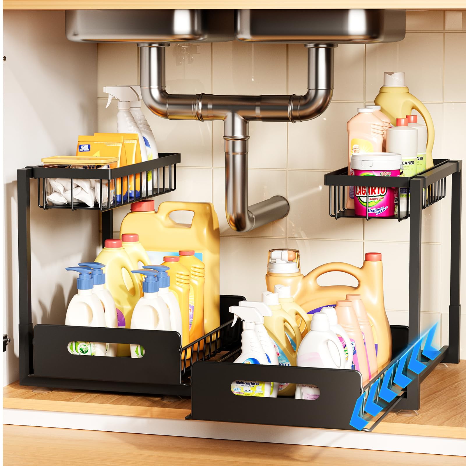 Under Sink 2 Pack,Metal Pull Out Cabinet Shelf,Kitchen Bathroom ...