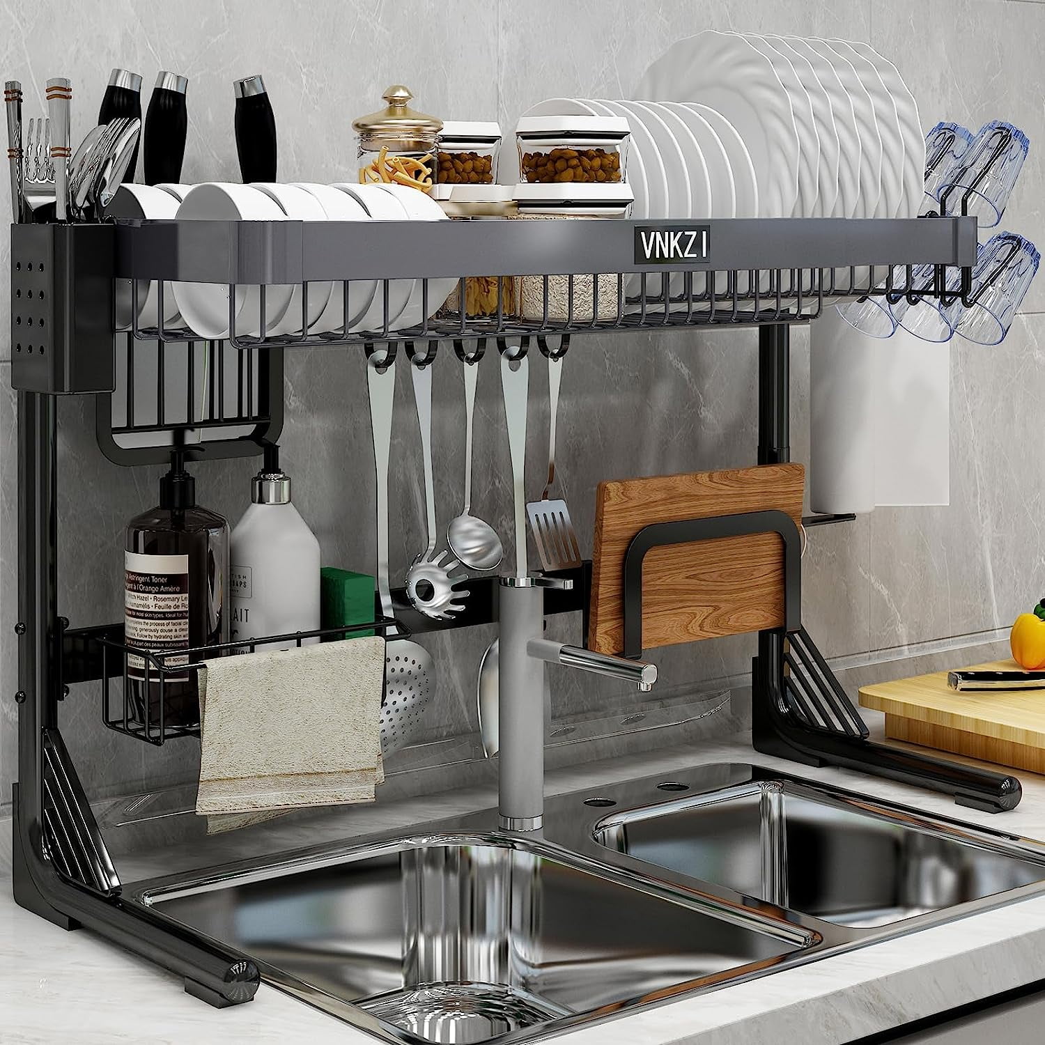 Over Sink Dish Drainer Drying Rack, 2 Tier Stainless Steel Storage ...