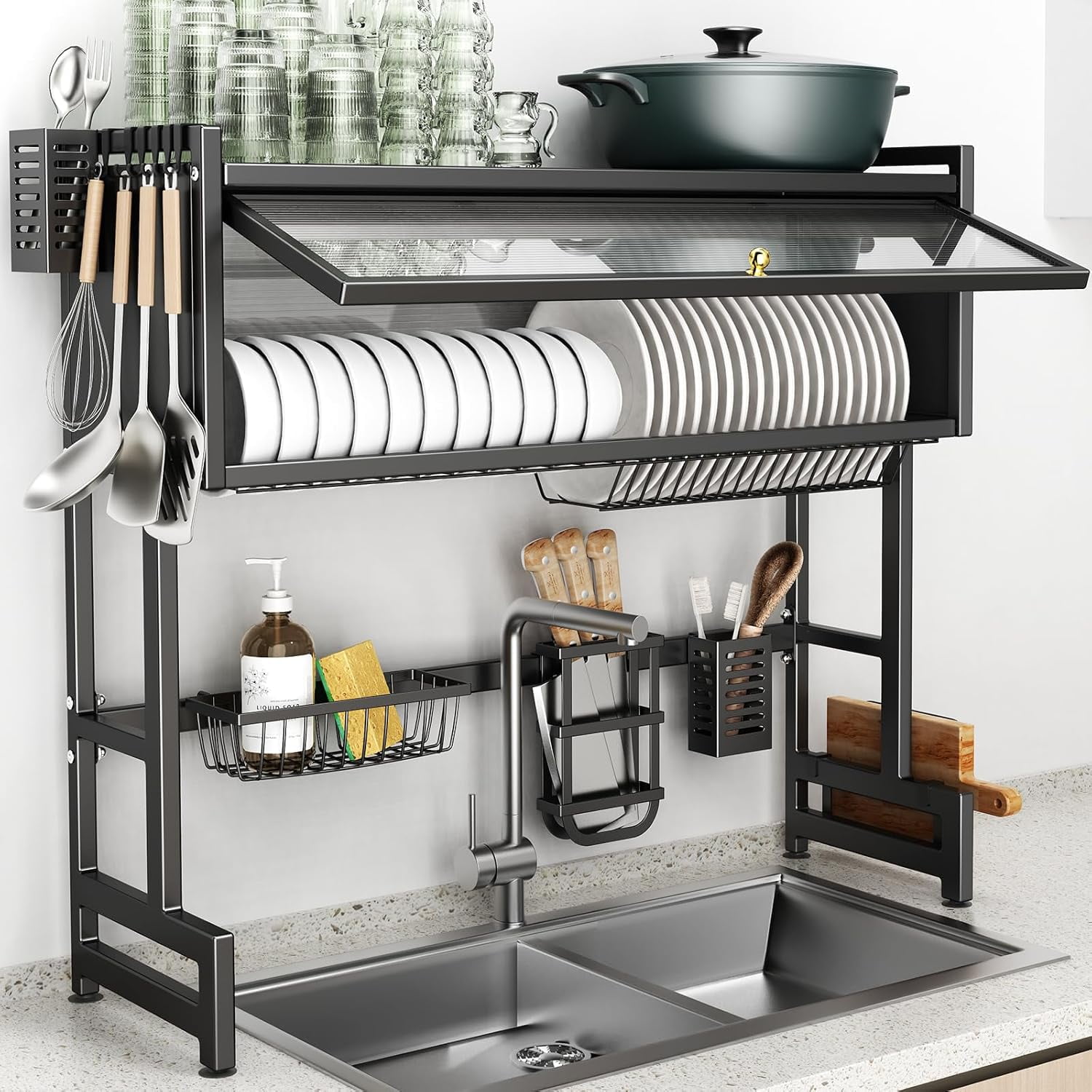 Over The Sink Dish Drainer Drying Rack 3 Tiers with Cover, Keep Kitchen ...