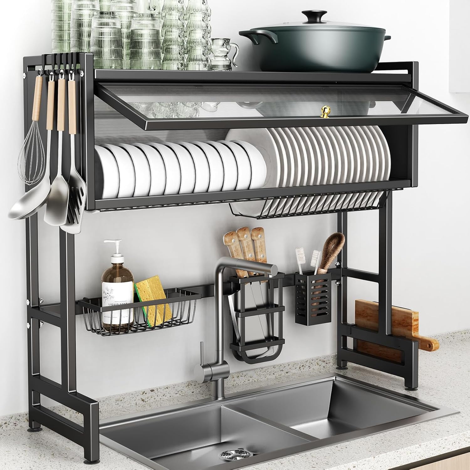 Over The Sink Dish Drainer Drying Rack 3 Tiers with Cover, Keep Kitchen ...