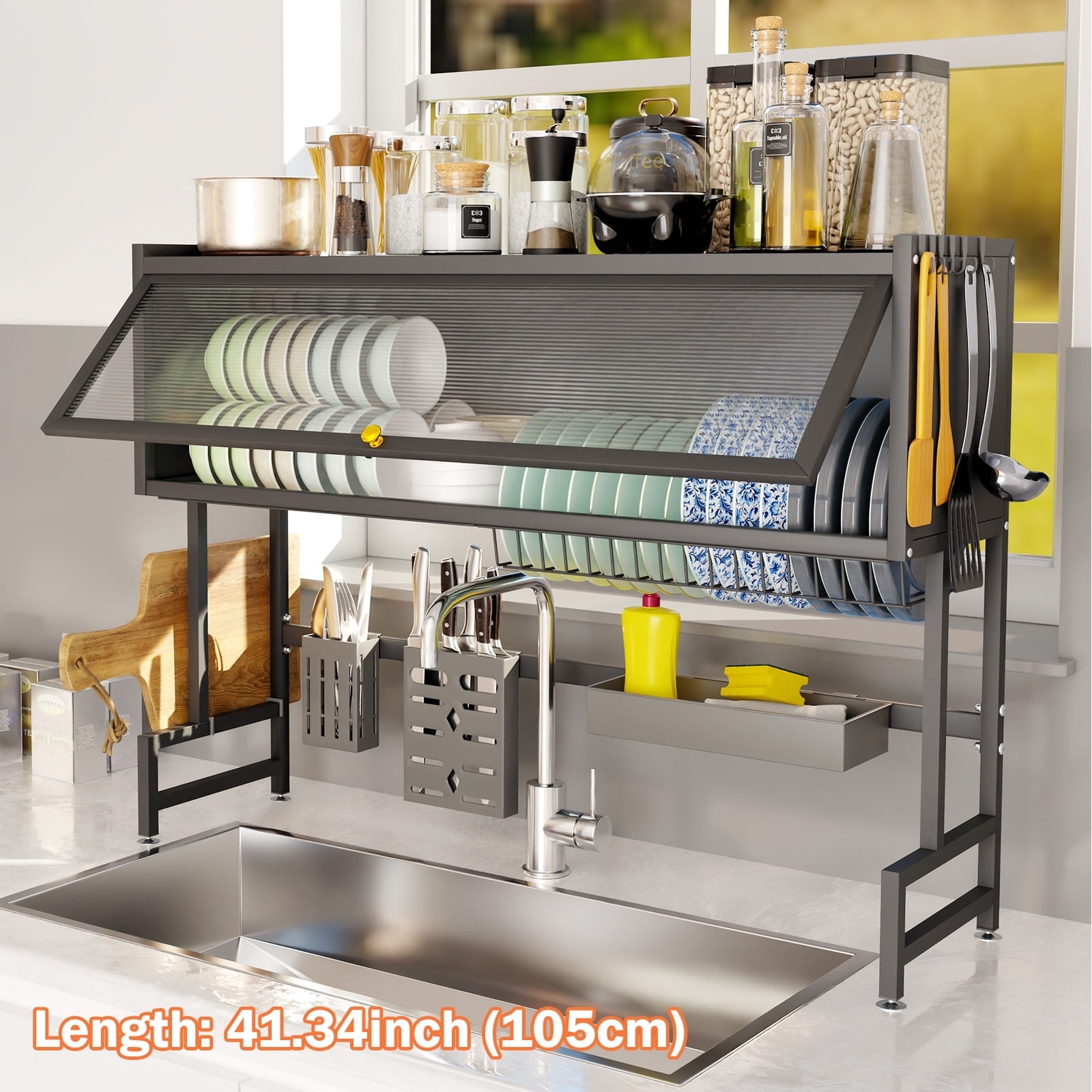 Multi-Functional Dish Drying Rack Above Sink, Dust-Proof Over Sink Dish ...