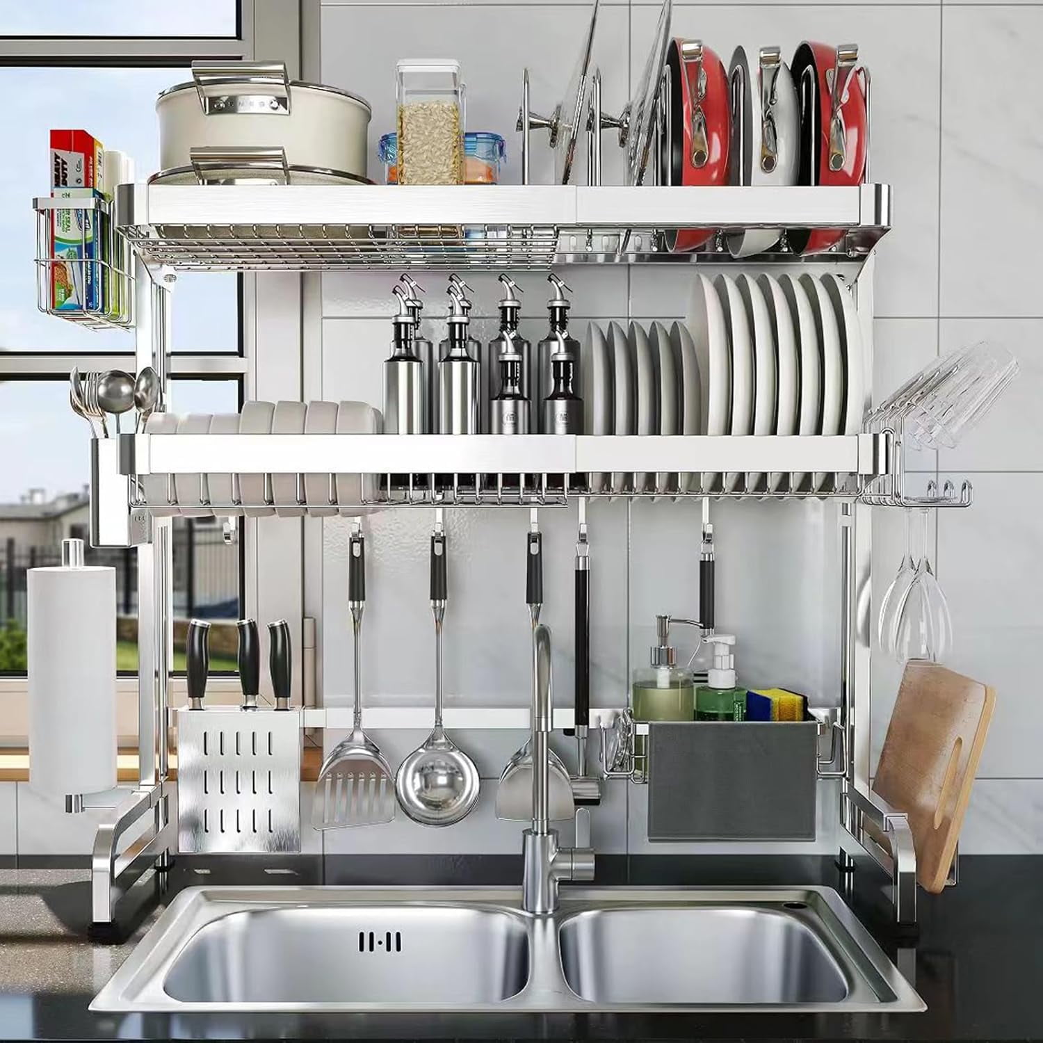 Over The Sink Dish Drainer Drying Rack, Full Stainless Steel 3-Tier ...