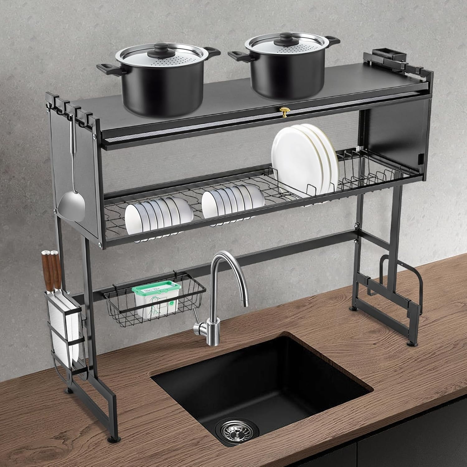 Over The Sink Dish Drying Rack 2-Tier Carbon Steel Kitchen Rack Holder ...