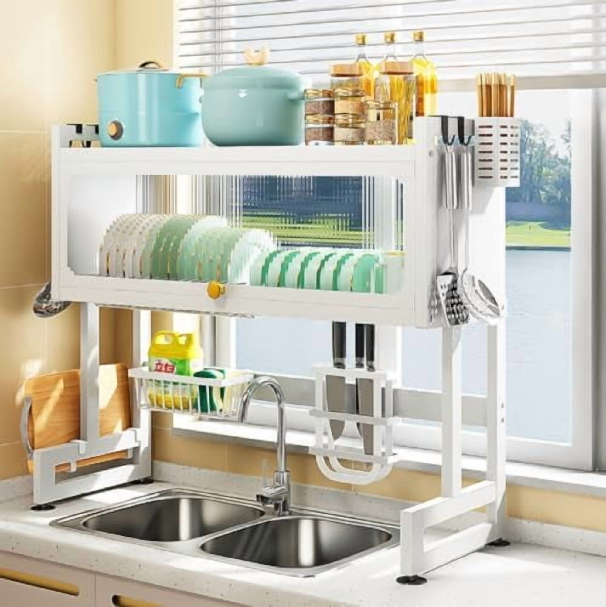Over The Sink Dish Drying Rack, 2-Tier Metal Dish Drainer Kitchen Utensil Holder Countertop ...