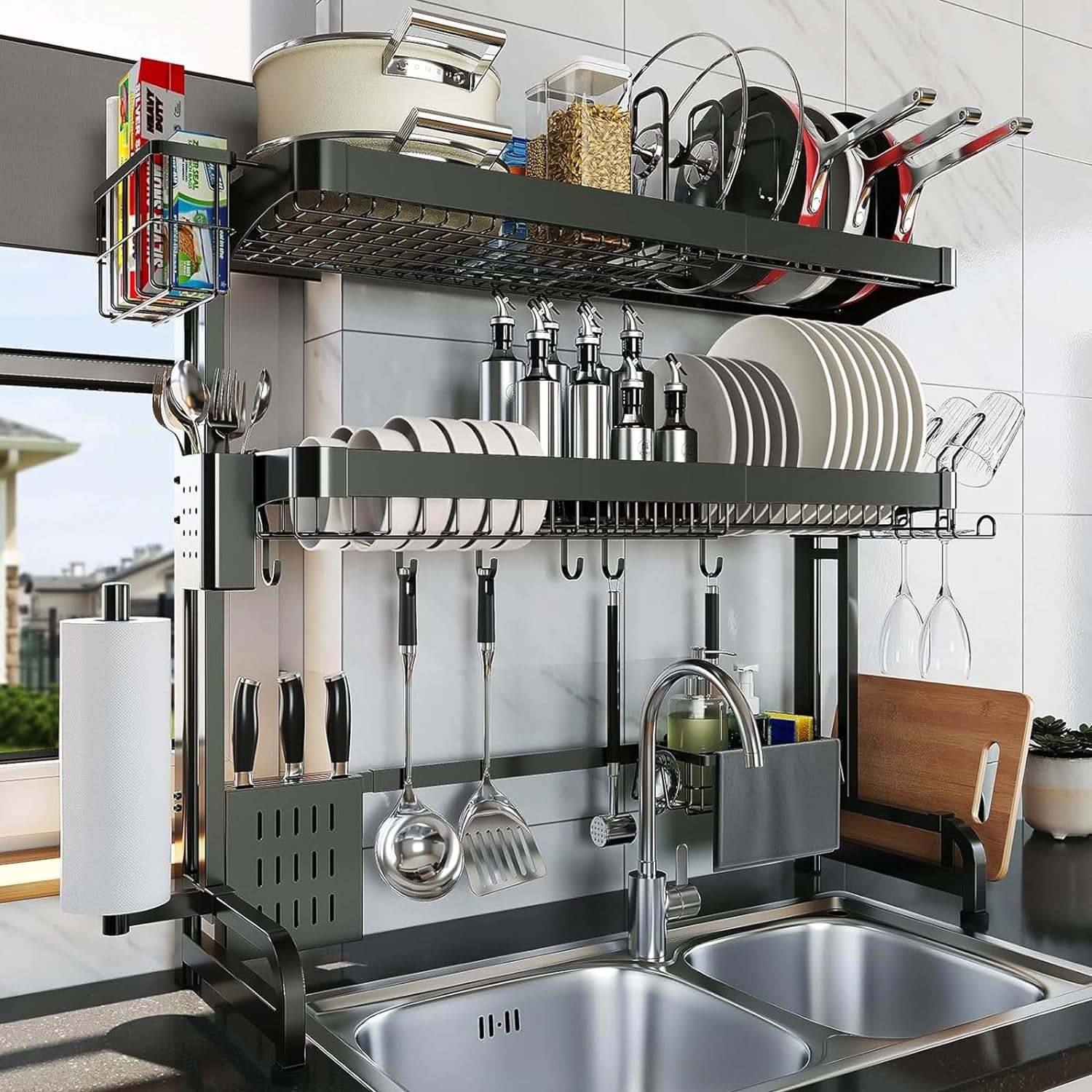 Over The Sink Dish Drying Rack,3 Tier Adjustable Length Full Stainless ...