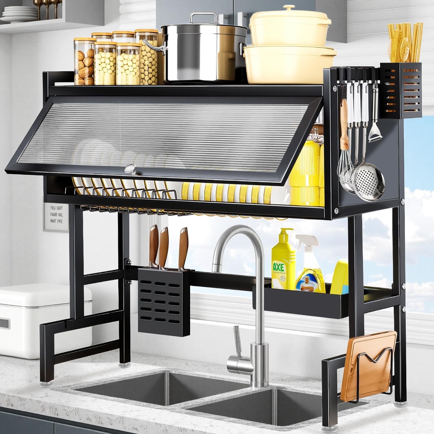 Over The Sink Dish Drying Rack 3 Tier with Cover.Space-Saving Dish ...