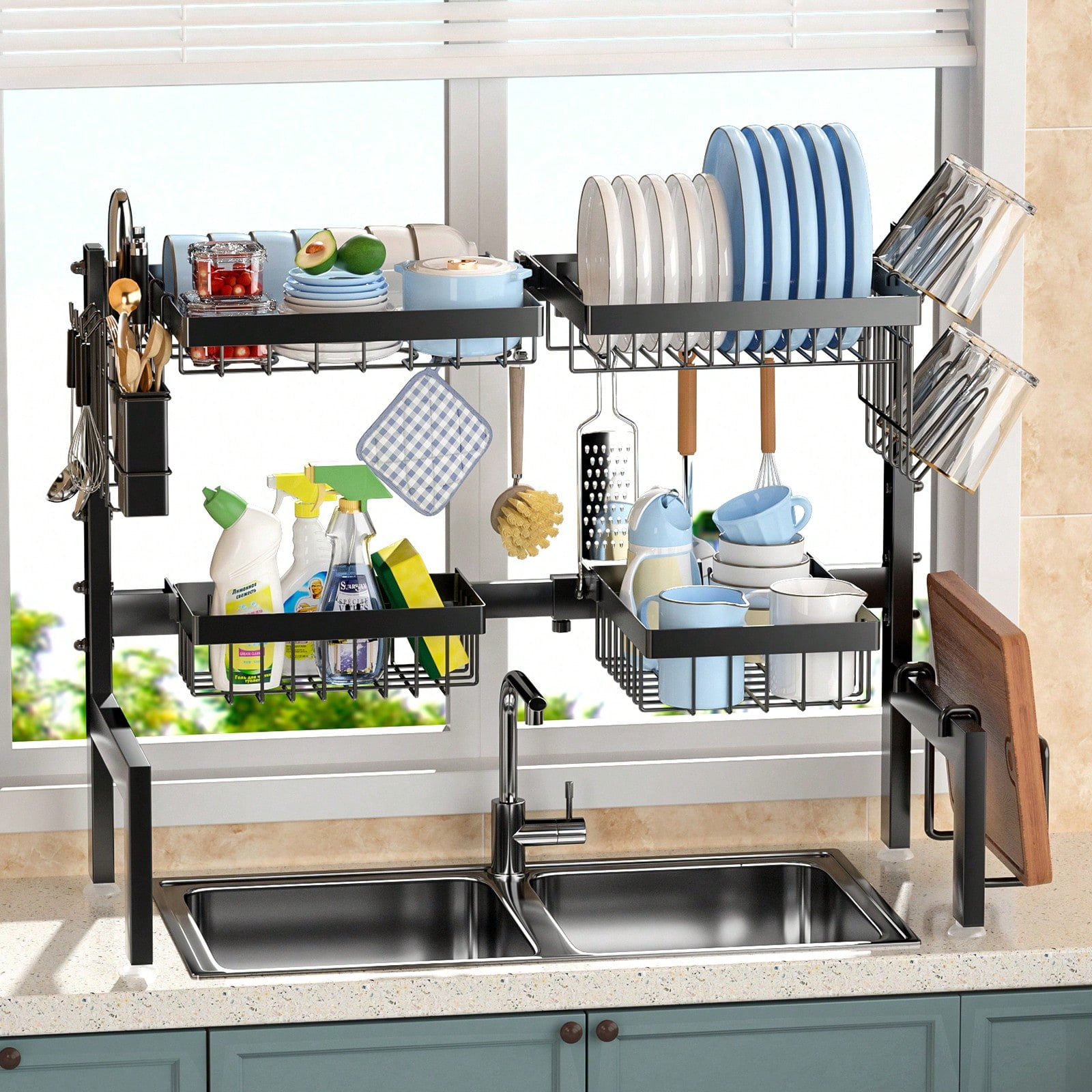 Over The Sink Dish Drying Rack, Adjustable 2 Tier Metal Steel Dish ...
