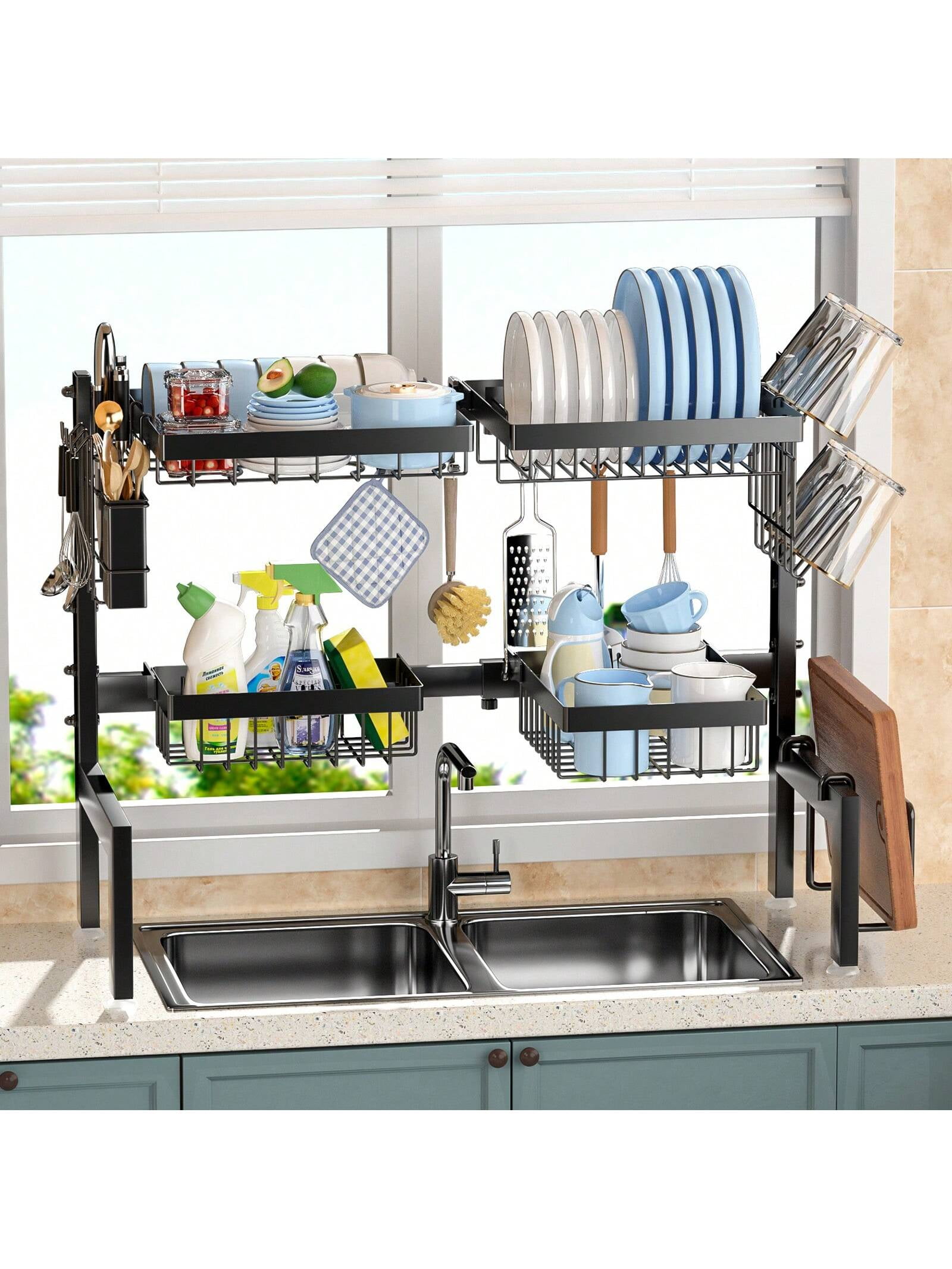 Over The Sink Dish Drying Rack, Adjustable 2 Tier Metal Steel Dish ...