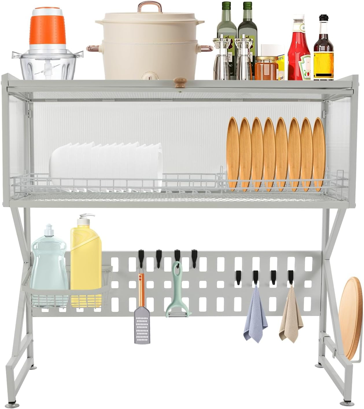 Over The Sink Dish Drying Rack with Clear Cover Kitchen Shelf Organizer ...
