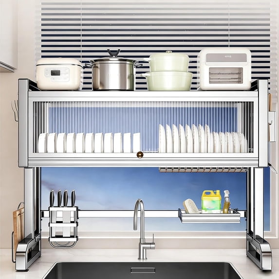Over The Sink Dish Drying Rack with Flip Door,Stainless Steel Dish Rack ...