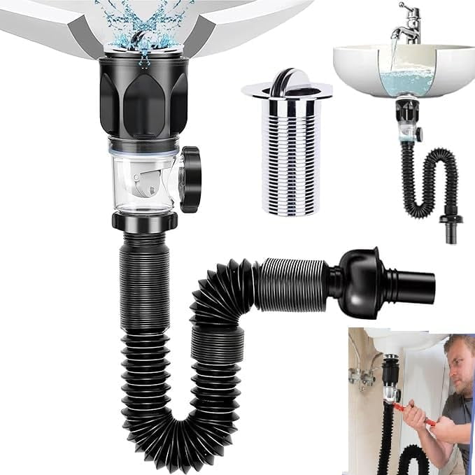 Sink Drain Pipe with 2 SHooks Expandable Pipe P Trap Flexible Sink ...