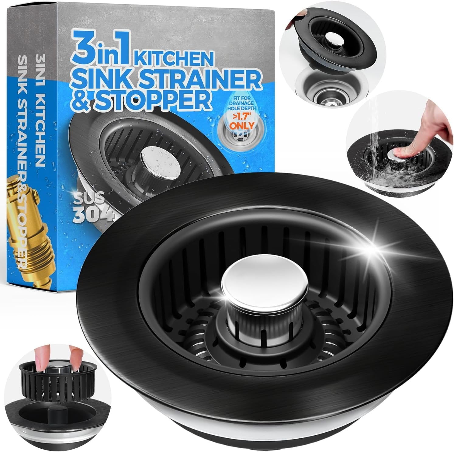 Sink Drain Strainer - Brushed Black Kitchen Sink Stopper, 3 in 1 ...