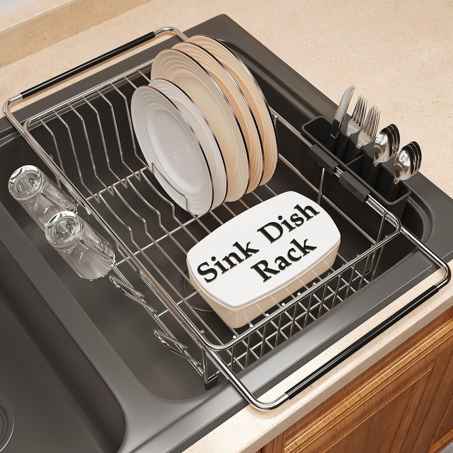Over the Sink Expandable Dish Drainer Drying Rack In Stainless Steel ...