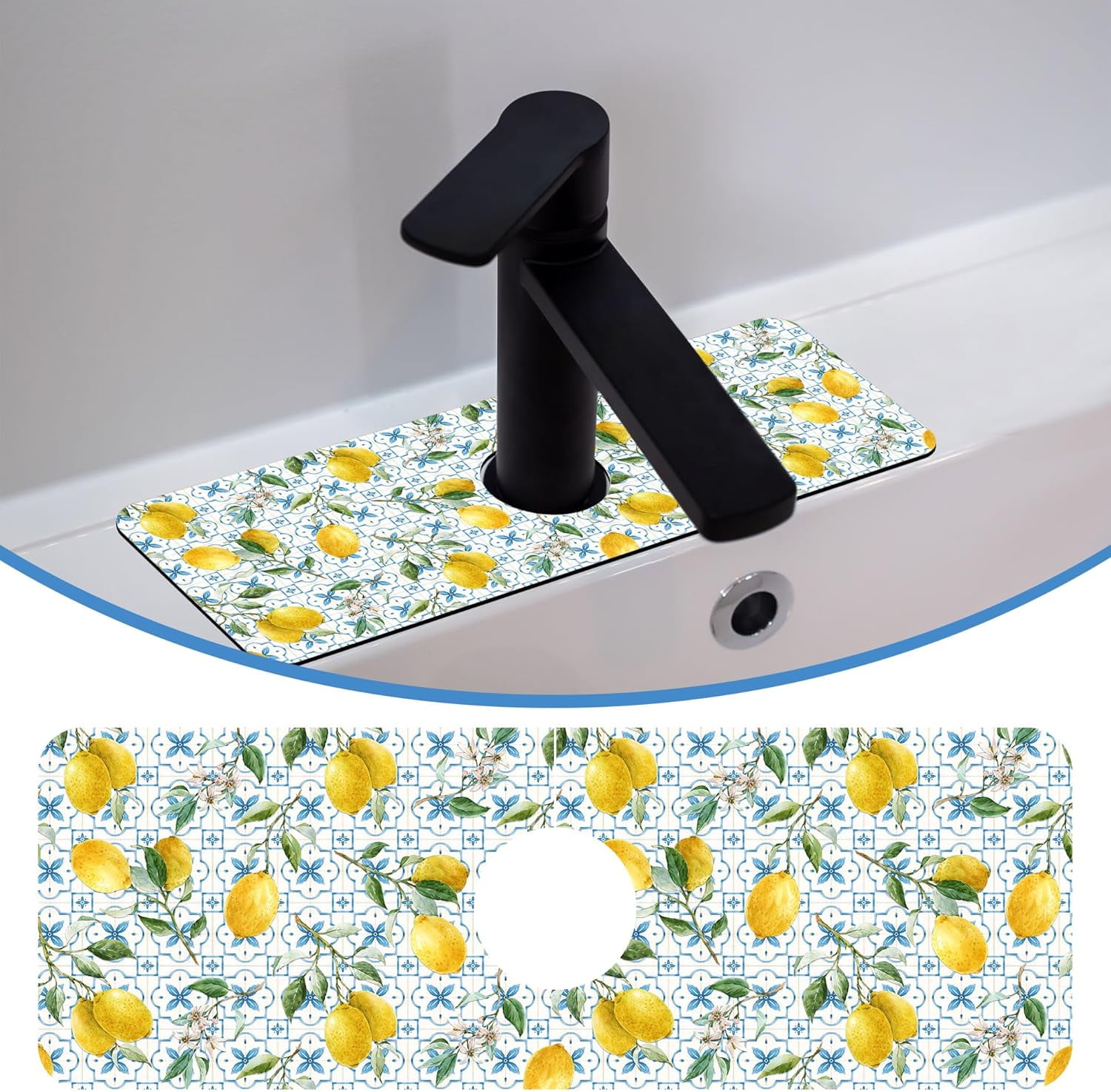 Sink Faucet Mat Splash Guard Sicilian Watercolor Lemon Blue Tile Faucet ...