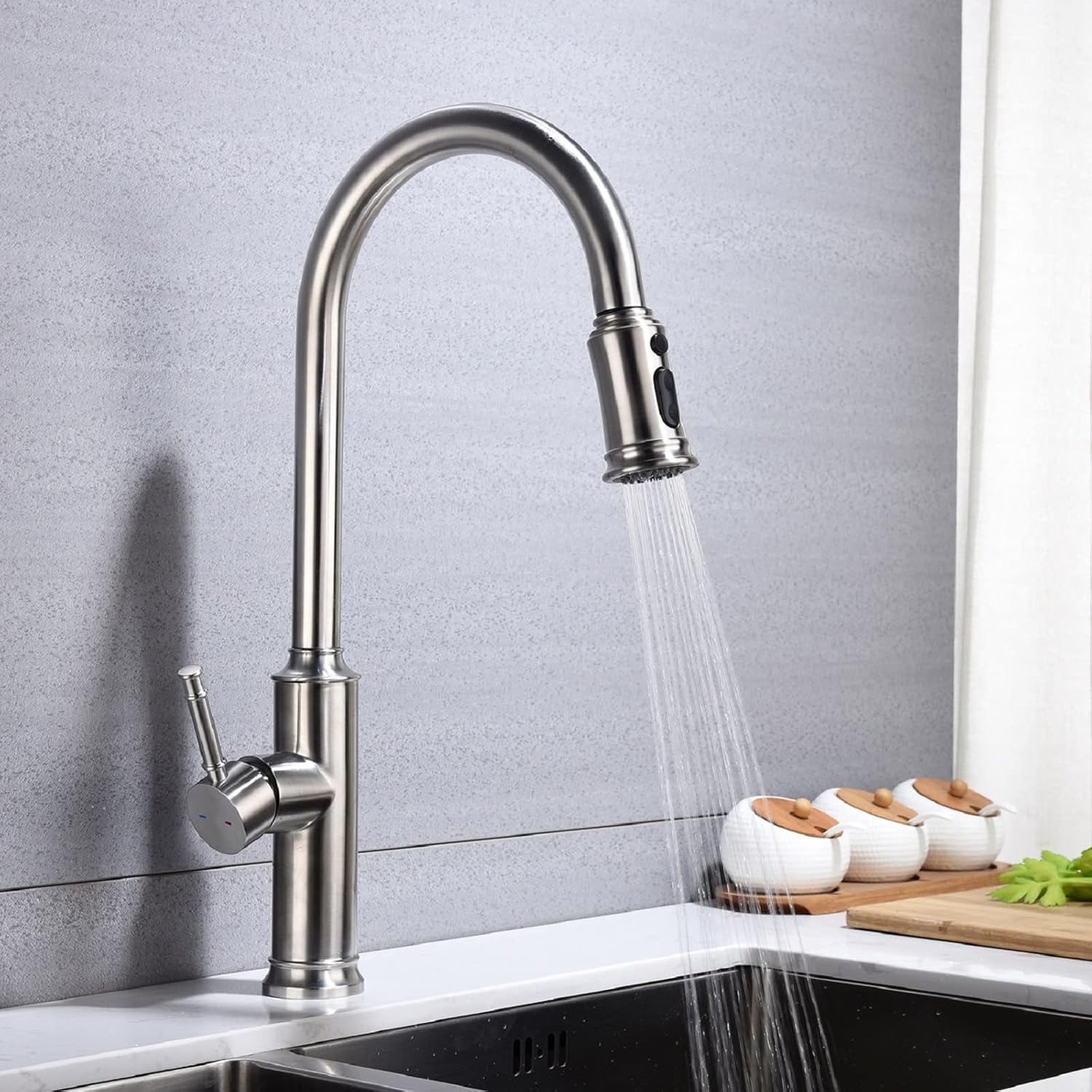 Sink Faucet, Multitask Mode Single Handle High Arc Pull Out Kitchen ...