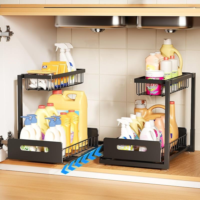 Under Sink Organizer 2 Pack,Metal Pull Out Cabinet Organizer Shelf ...