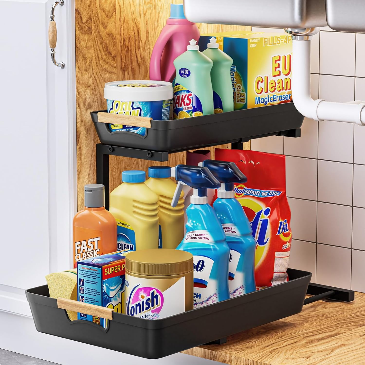 Under Sink Organizer, 2 Tier Adjustable Height Under Sink Organizers ...