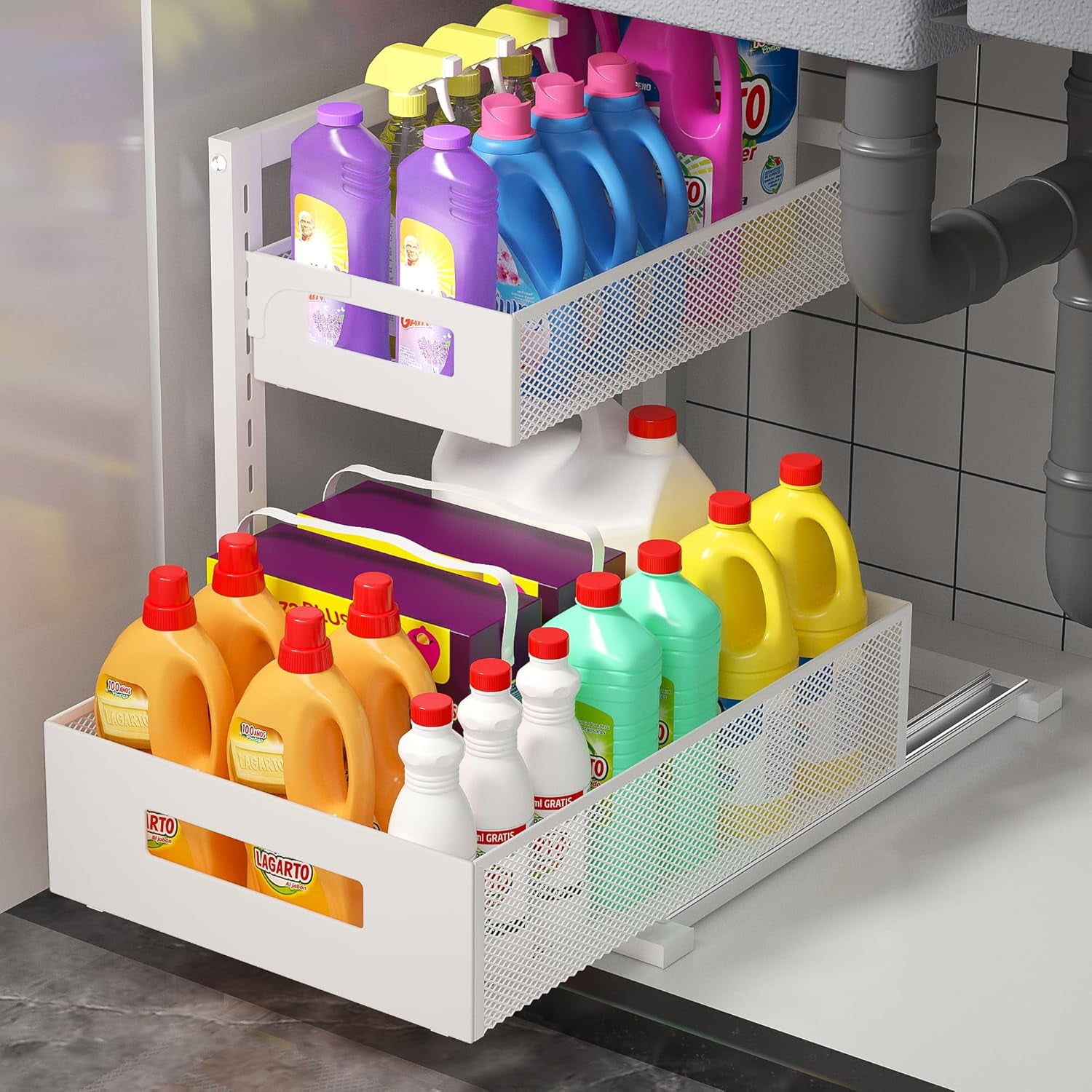 Under Sink Organizer, 2 Tier Adjustable Under Sink Organizers and ...