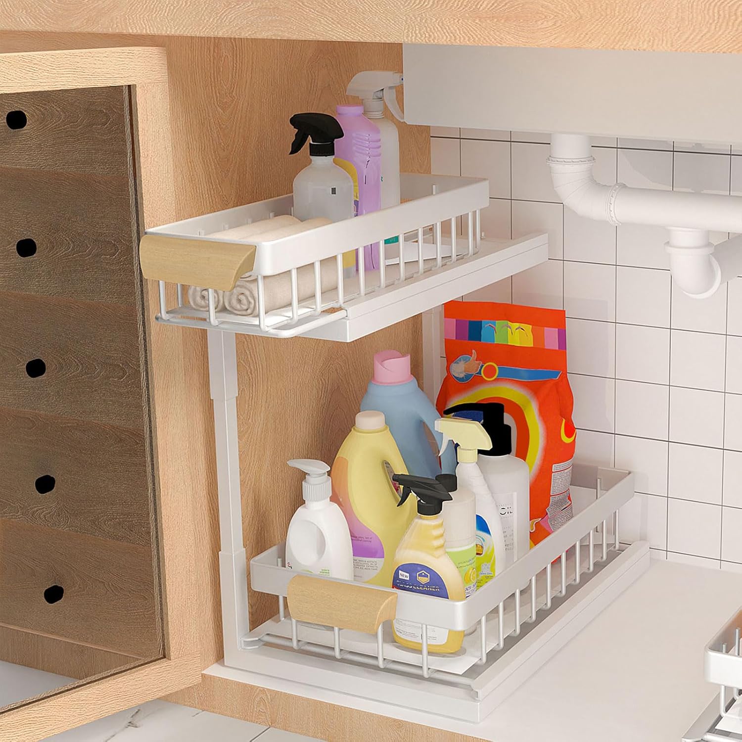 Under Sink Organizer, 2 Tier Pull Out Bathroom Cabinet Storage, L-Shape ...