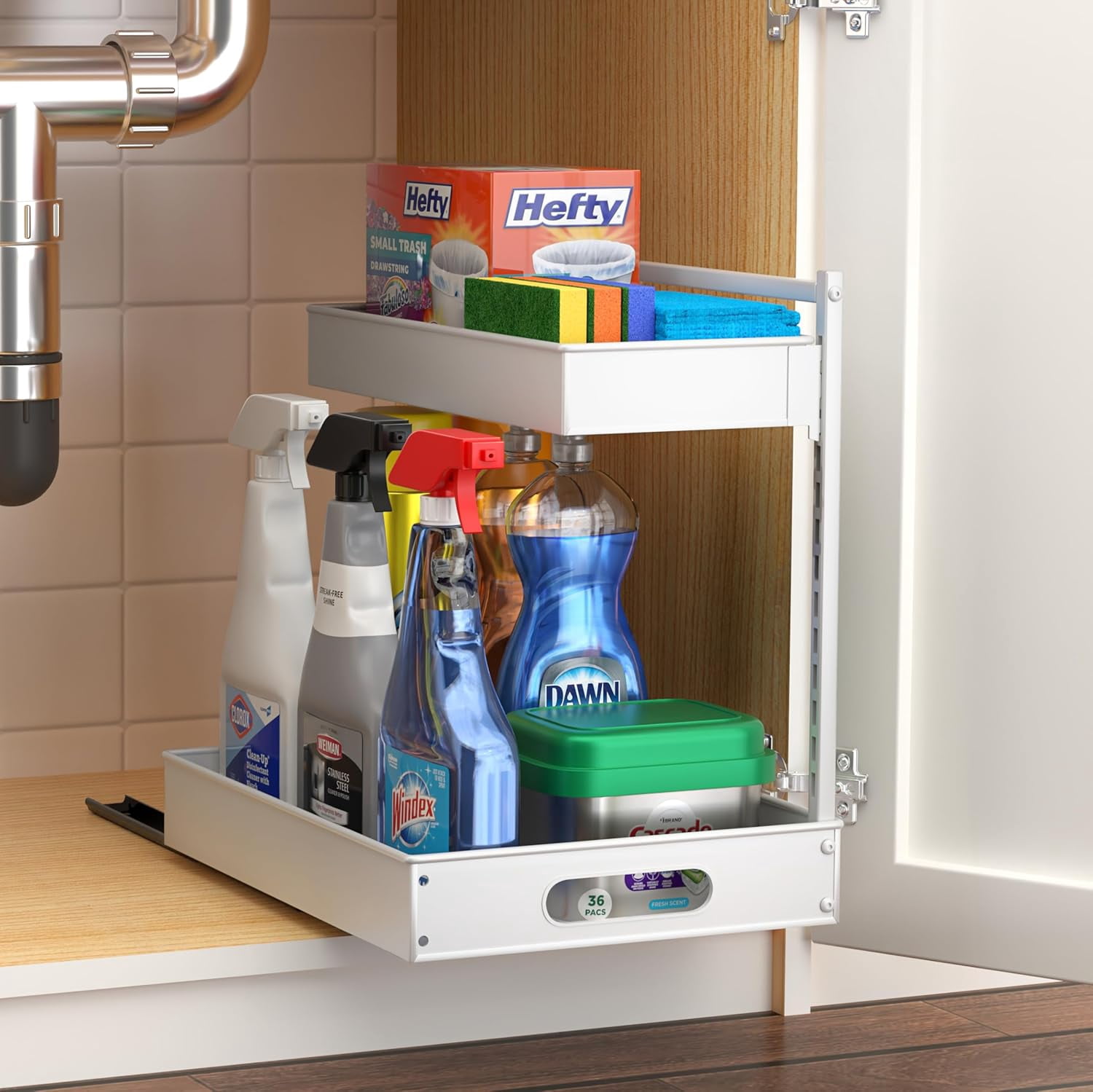 Under Sink Organizer with Sliding Tracks and Adhesive Tape - 2-Tier ...