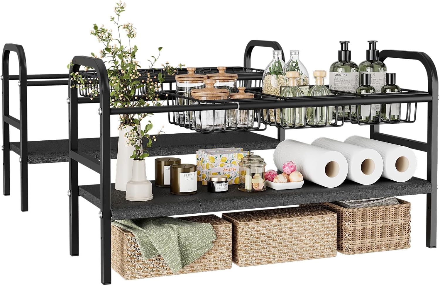 Under Sink Organizers, 2 Pack Expandable Cabinet Shelf Organizer with 4 ...