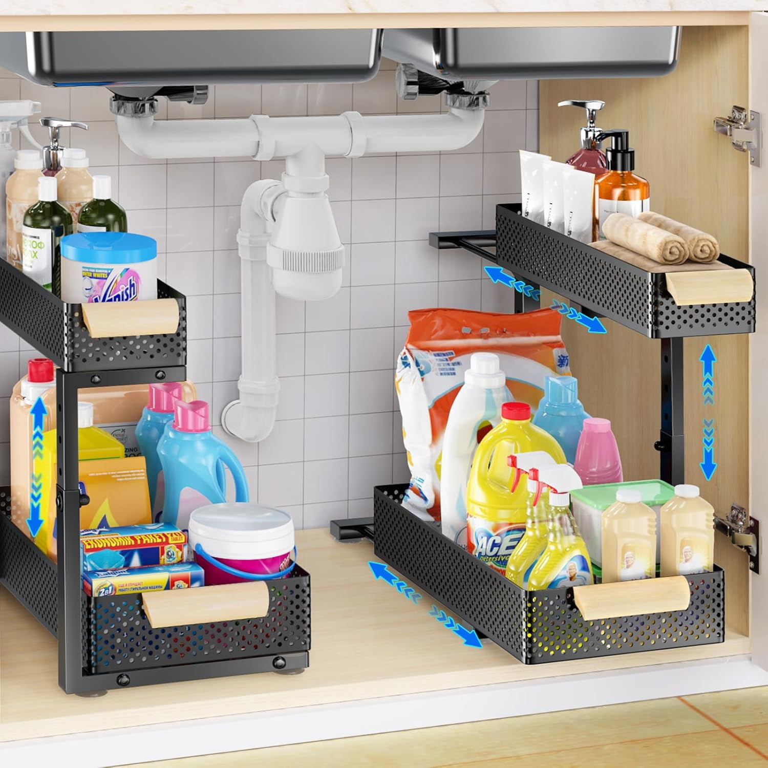 Under Sink Organizers and Storage,2 PACK 5 Height Adjustable Kitchen ...