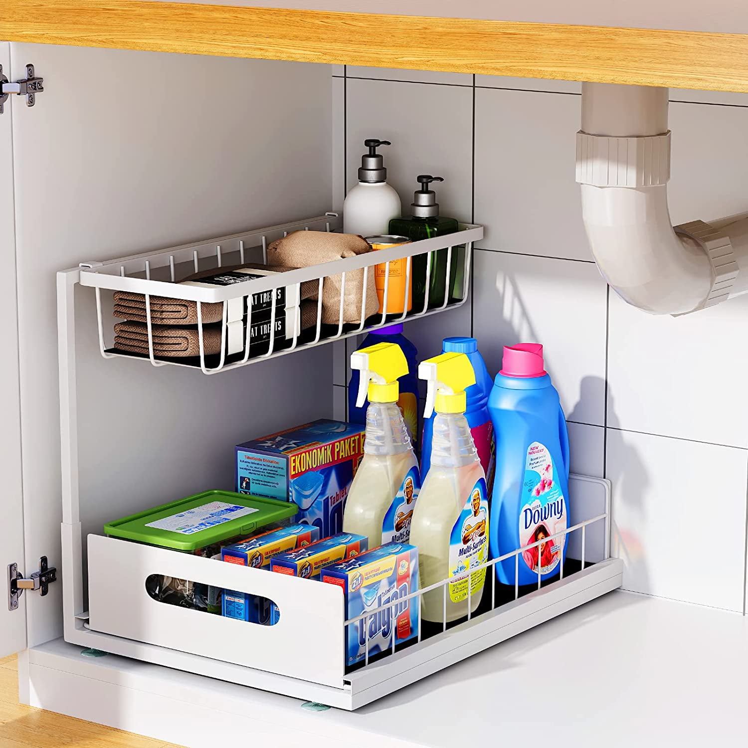 Under Sink Organizers and Storage, 2 Tier Sliding Cabinet Basket ...