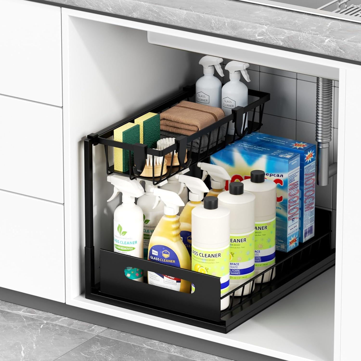 Under Sink Organizers and Storage With 4 Hooks - 2 Tier Pull Out Sink ...