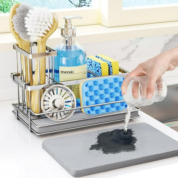 Sink Sponge Holder - Kitchen Sink Organizer with Drying Stone and Brush ...