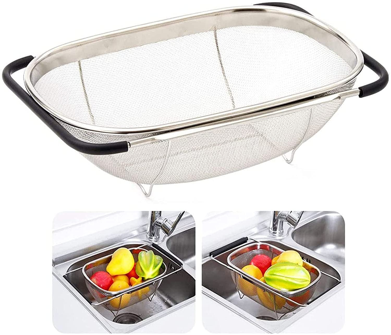 Over The Sink Stainless Steel Oval Colander with Expandable Rubber Grip ...