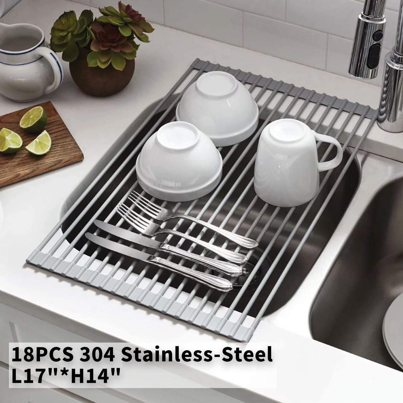 Sink rack,Roll Up Kitchen Sink Drying Rack, 18PCS 304 Stainless-Steel ...