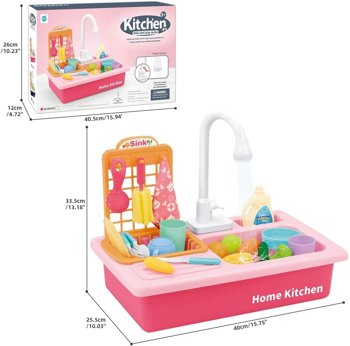 Sink with Running Water, Kids Pretend Kitchen Toy Set for Girl and Boy ...